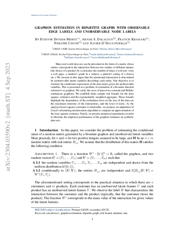 (PDF) Graphon Estimation in bipartite graphs with observable edge labels and unobservable node ...
