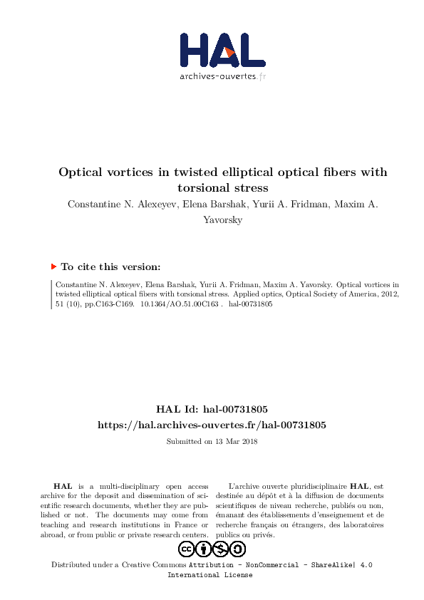 (PDF) Optical vortices in twisted elliptical optical fibers with torsional stress
