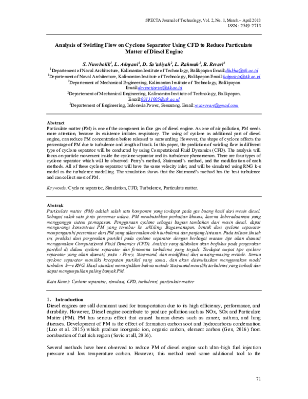 (PDF) Analysis of Swirling Flow on Cyclone Separator Using CFD to Reduce Particulate Matter of ...