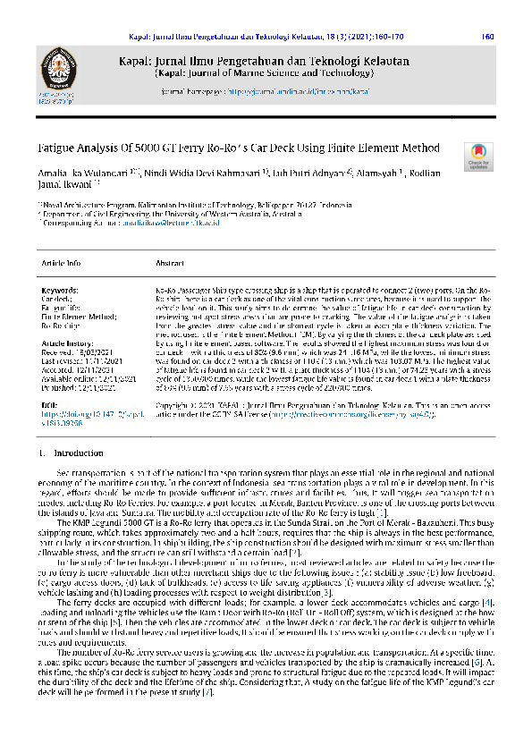 (PDF) Fatigue Analysis of 5000 GT Ferry Ro-Ro’s Car Deck Using Finite Element Method