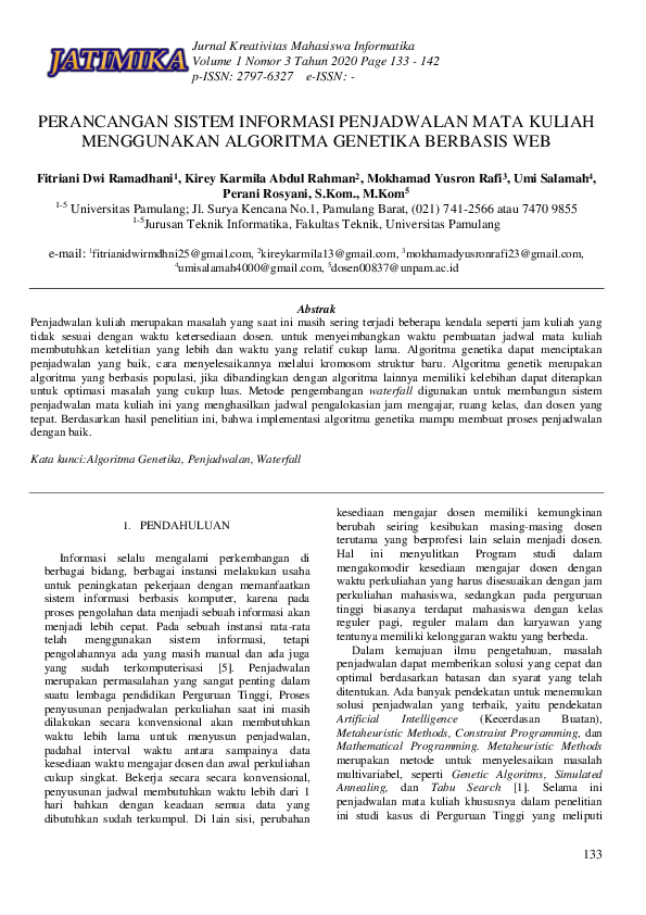 (PDF) Perancangan Sistem Informasi Penjadwalan Mata Kuliah Menggunakan Algoritma Genetika ...