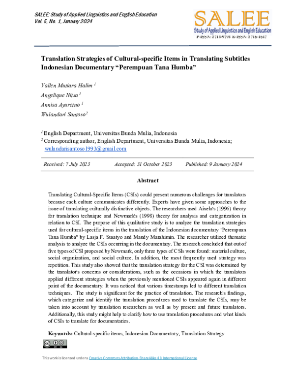 (PDF) Translation Strategies of Cultural-specific Items in Translating ...