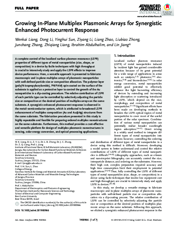 (PDF) Growing In‐Plane Multiplex Plasmonic Arrays for Synergistic Enhanced Photocurrent Response