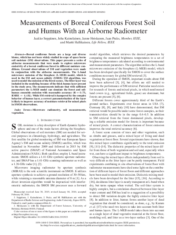 (PDF) Measurements of Boreal Coniferous Forest Soil and Humus With an Airborne Radiometer