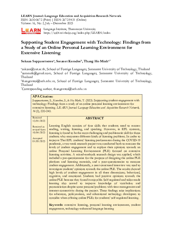 (PDF) Supporting Student Engagement with Technology: Findings from a ...