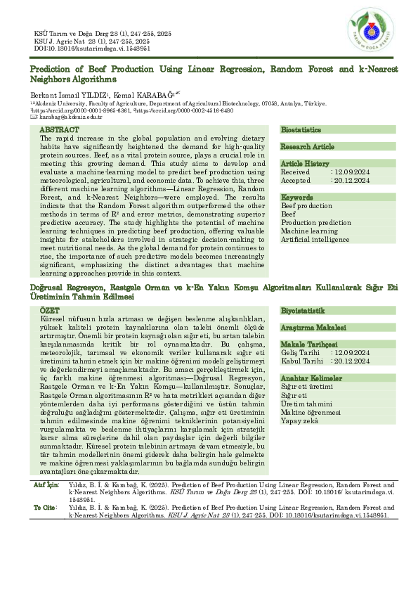 Pdf Prediction Of Beef Production Using Linear Regression Random Forest And K Nearest