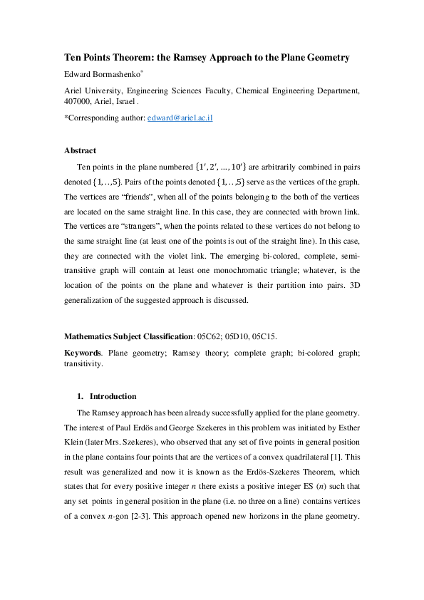 (PDF) Ten Points Theorem: the Ramsey Approach to the Plane Geometry