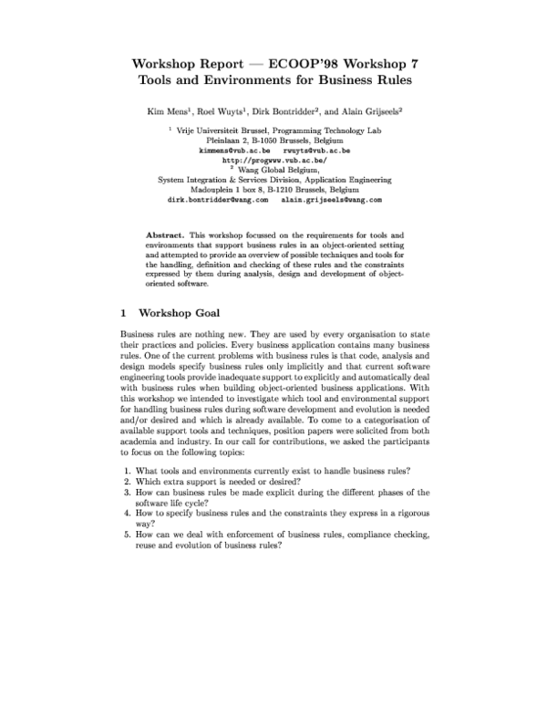 (PDF) Workshop Report —ECOOP’98 Workshop 7 Tools and Environments for Business Rules