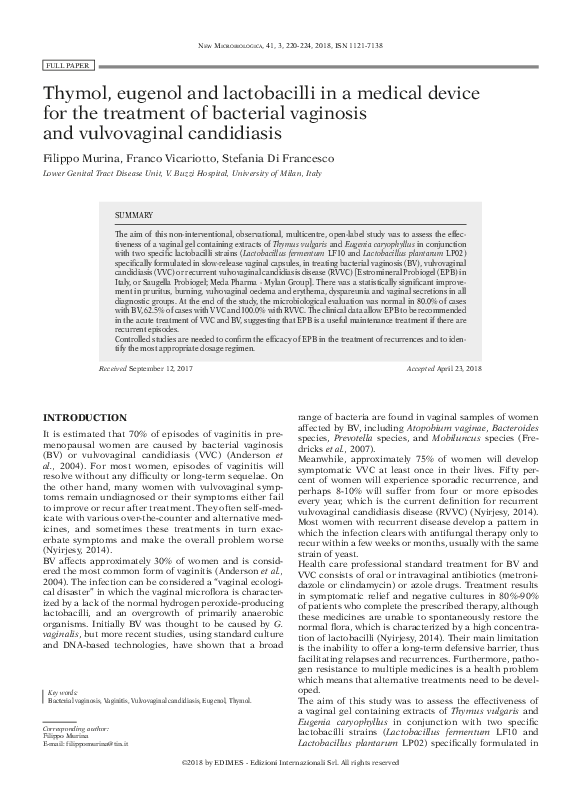 (PDF) Thymol, eugenol and lactobacilli in a medical device for the ...