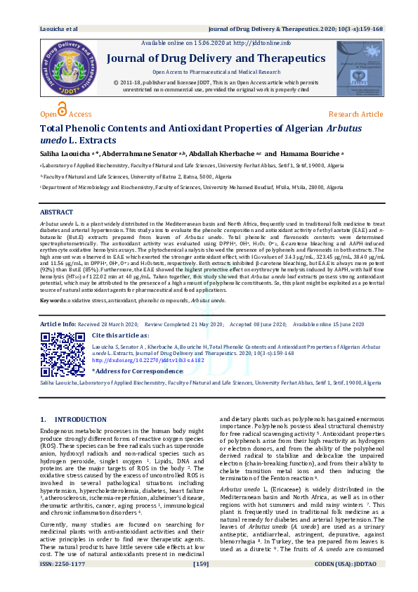 (PDF) Total Phenolic Contents and Antioxidant Properties of Algerian Arbutus unedo L. Extracts