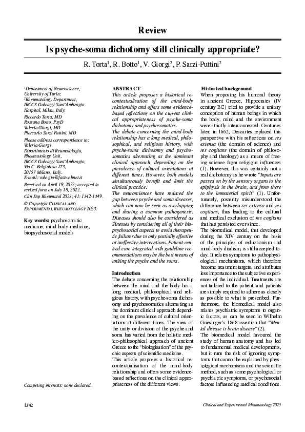 (PDF) Is psyche-soma dichotomy still clinically appropriate?