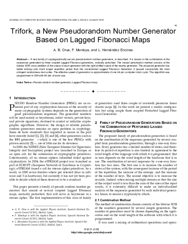 (PDF) Trifork, a New Pseudorandom Number Generator Based on Lagged Fibonacci Maps