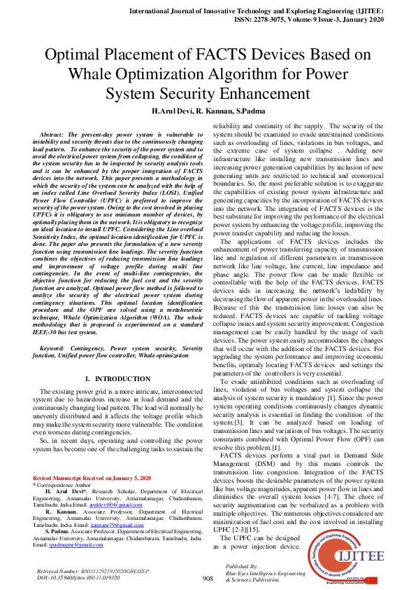 (PDF) Optimal Placement of FACTS Devices Based on Whale Optimization Algorithm for Power System ...