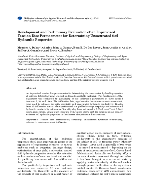 (PDF) Development and Preliminary Evaluation of an Improvised Tension Disc Permeameter for ...