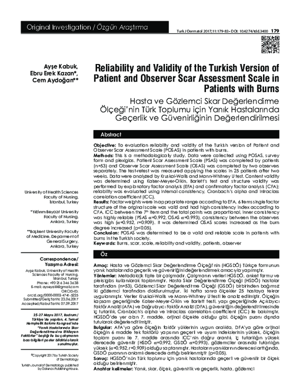 (PDF) Reliability and Validity of the Turkish Version of Patient and Observer Scar Assessment ...