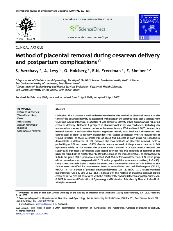 (PDF) Method of placental removal during cesarean delivery and postpartum complications