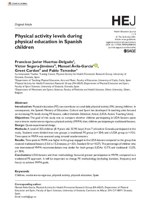 (PDF) Physical activity levels during physical education in Spanish ...