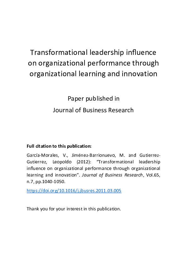 (PDF) Transformational leadership influence on organizational performance through organizational ...