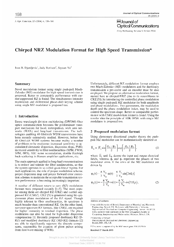 (PDF) Chirped NRZ Modulation Format for High Speed Transmission