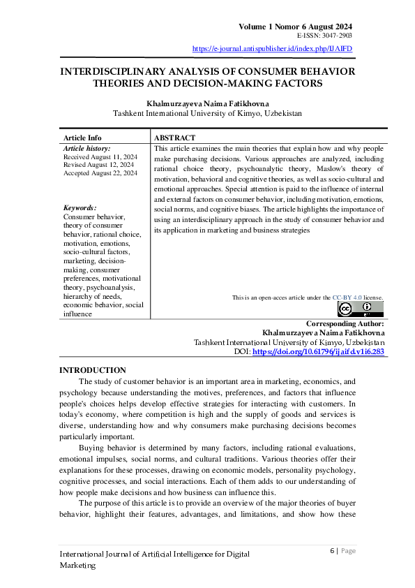 (PDF) INTERDISCIPLINARY ANALYSIS OF CONSUMER BEHAVIOR THEORIES AND DECISION-MAKING FACTORS