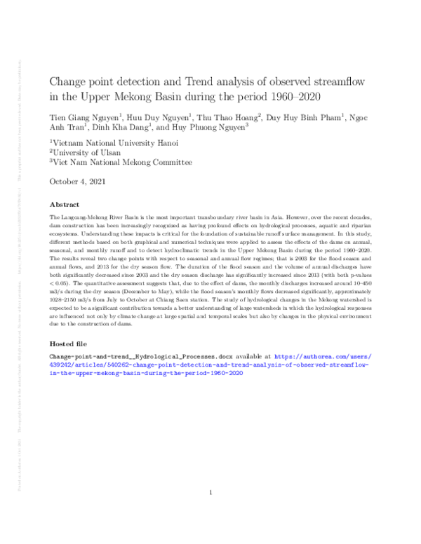 (PDF) Change point detection and Trend analysis of observed streamflow in the Upper Mekong Basin ...