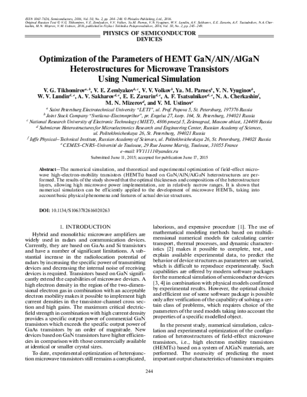 (PDF) Optimization of the parameters of HEMT GaN/AlN/AlGaN heterostructures for microwave ...