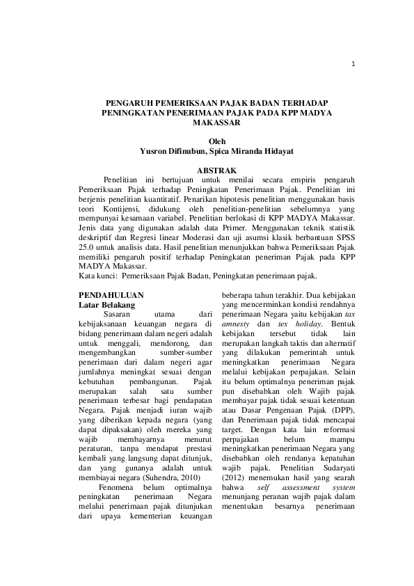 (PDF) Pengaruh Pemeriksaan Pajak Badan Terhadap Peningkatan Penerimaan Pajak Pada KPP Madya Makassar