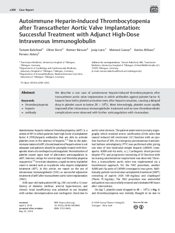 (PDF) Autoimmune Heparin-Induced Thrombocytopenia after Transcatheter ...