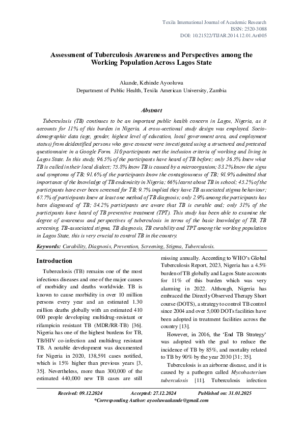 (PDF) Assessment of Tuberculosis Awareness and Perspectives among the Working Population Across ...