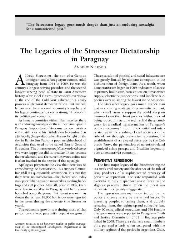 (PDF) The legacies of the Stroessner dictatorship in Paraguay