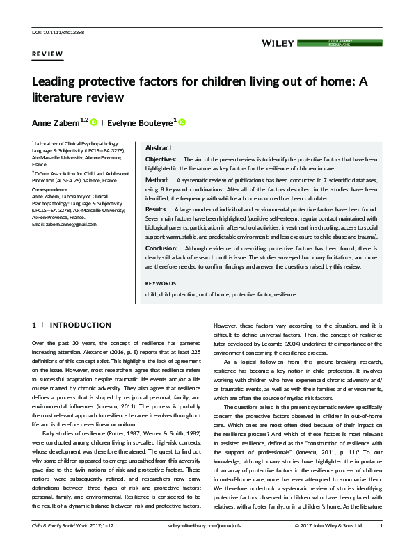 (PDF) Leading protective factors for children living out of home: A ...