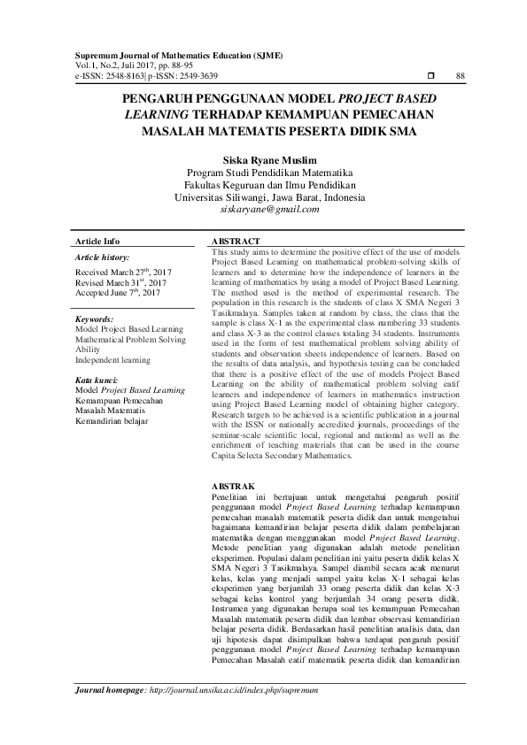 (PDF) Pengaruh Penggunaan Model Project Based Learning Terhadap Kemampuan Pemecahan Masalah ...