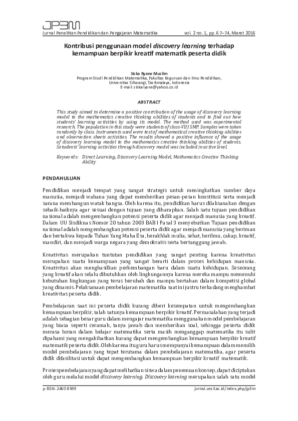 (PDF) Kontribusi Penggunaan Model Discovery Learning Terhadap Kemampuan Berpikir Kreatif ...