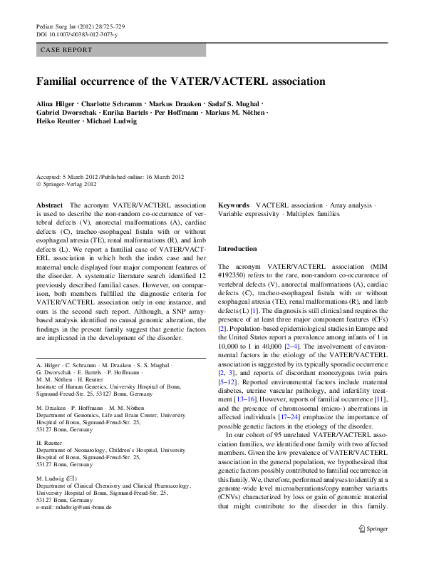 (PDF) Familial occurrence of the VATER/VACTERL association