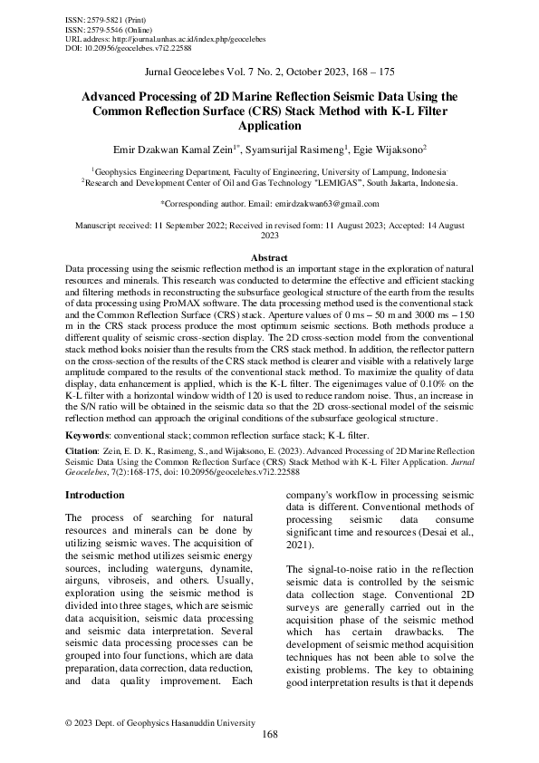 (PDF) Advanced Processing of 2D Marine Reflection Seismic Data Using the Common Reflection ...