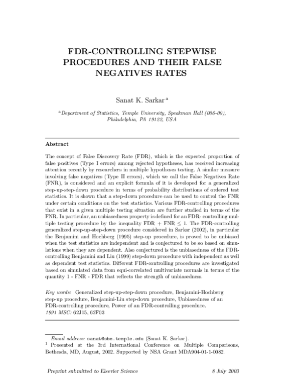 Pdf Fdr Controlling Stepwise Procedures And Their False Negatives Rates