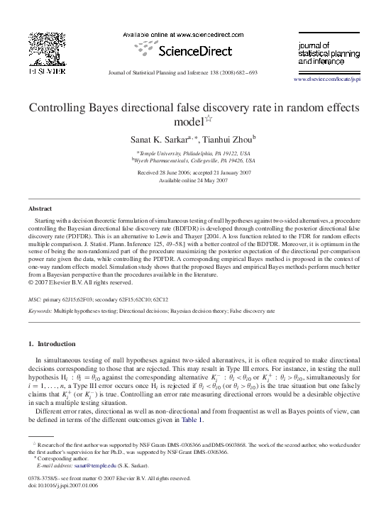 Pdf Controlling Bayes Directional False Discovery Rate In Random Effects Model