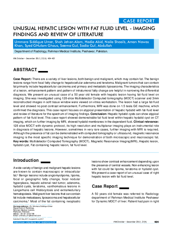 (PDF) Unusual Hepatic Lesion with Fat Fluid Level – Imaging Findings ...