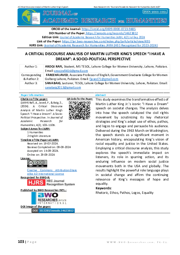 (PDF) A CRITICAL DISCOURSE ANALYSIS OF MARTIN LUTHER KING'S SPEECH "I ...