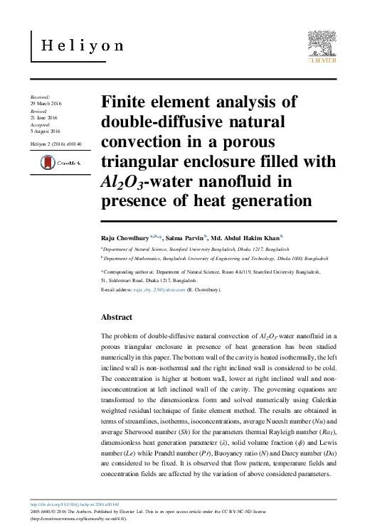 Pdf Finite Element Analysis Of Double Diffusive Natural Convection In A Porous Triangular
