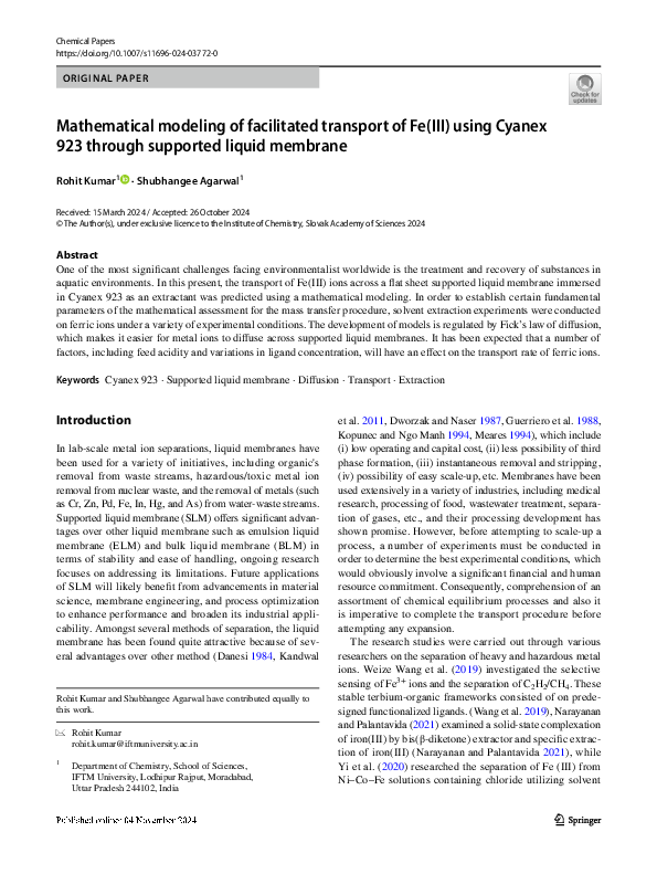 (PDF) Mathematical modeling of facilitated transport of Fe(III) using ...