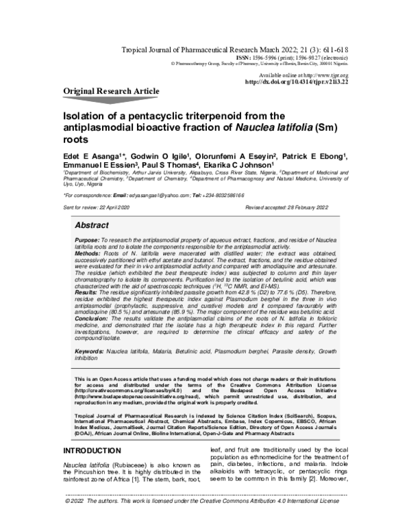 (PDF) Isolation of a pentacyclic triterpenoid from the antiplasmodial ...