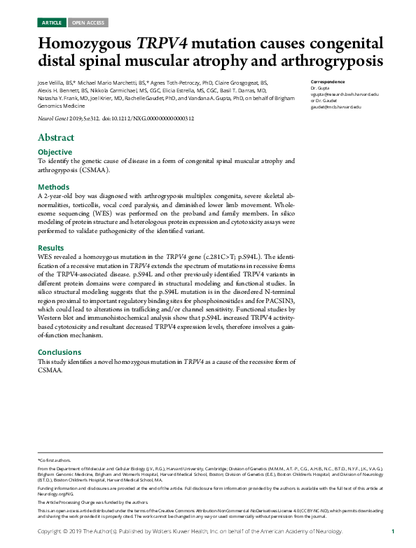 (PDF) Homozygous TRPV4 mutation causes congenital distal spinal ...
