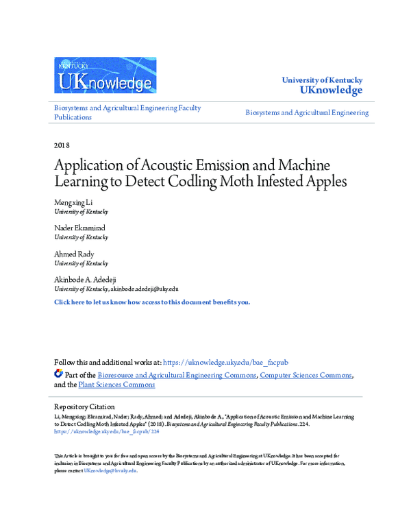 (PDF) Application of Acoustic Emission and Machine Learning to Detect Codling Moth Infested Apples
