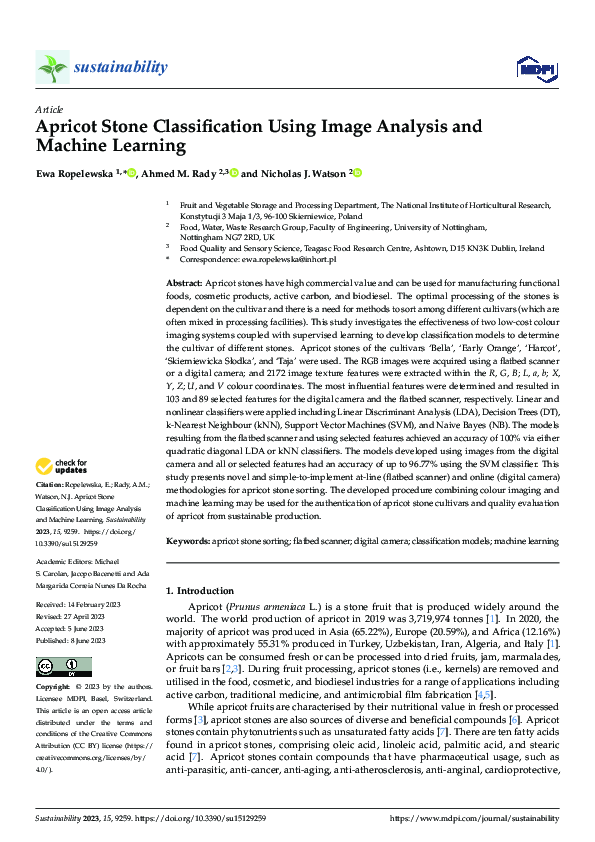 (PDF) Apricot Stone Classification Using Image Analysis and Machine Learning