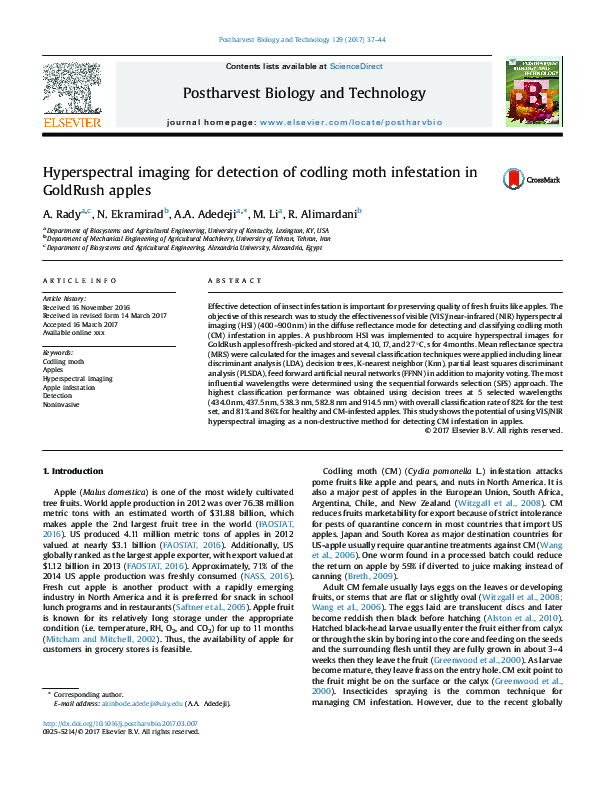 (PDF) Hyperspectral imaging for detection of codling moth infestation ...