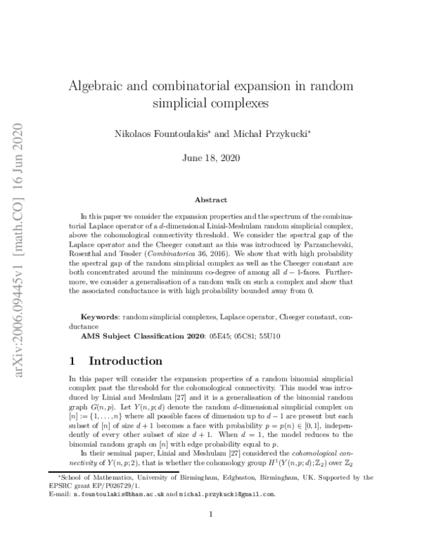 (PDF) Algebraic and combinatorial expansion in random simplicial complexes