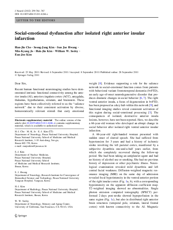 (PDF) Social-emotional dysfunction after isolated right anterior ...