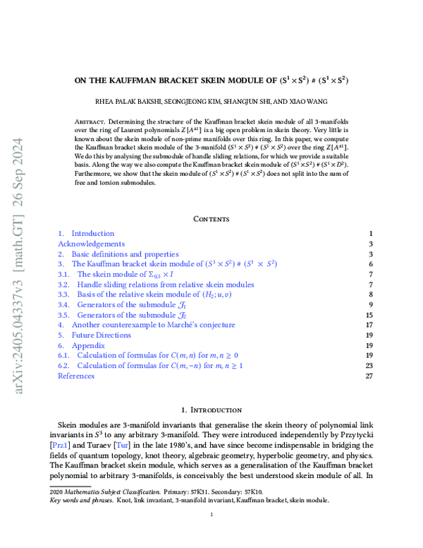 (PDF) On the Kauffman bracket skein module of $(S^1 \times S^2 ...