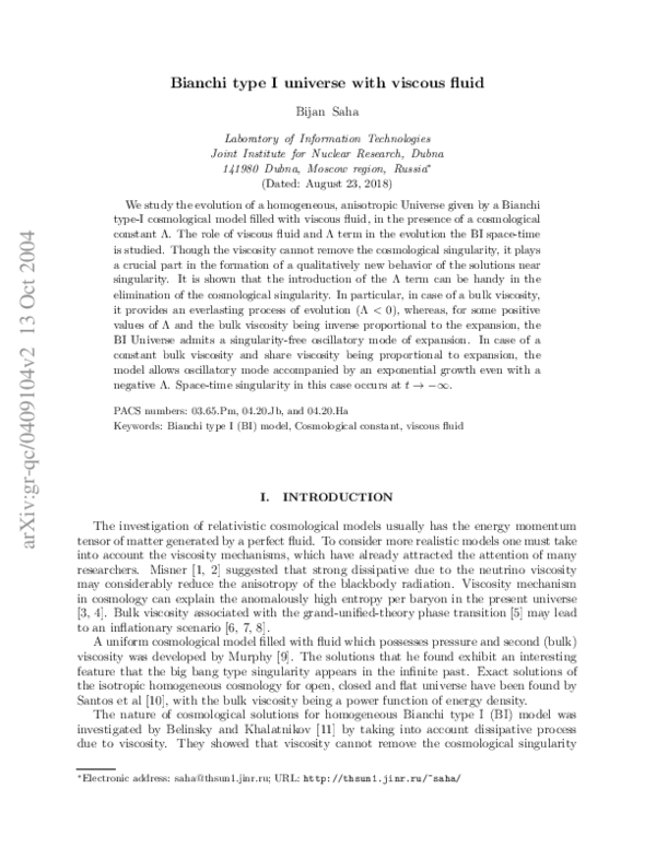 (PDF) Bianchi Type I Universe with Viscous Fluid